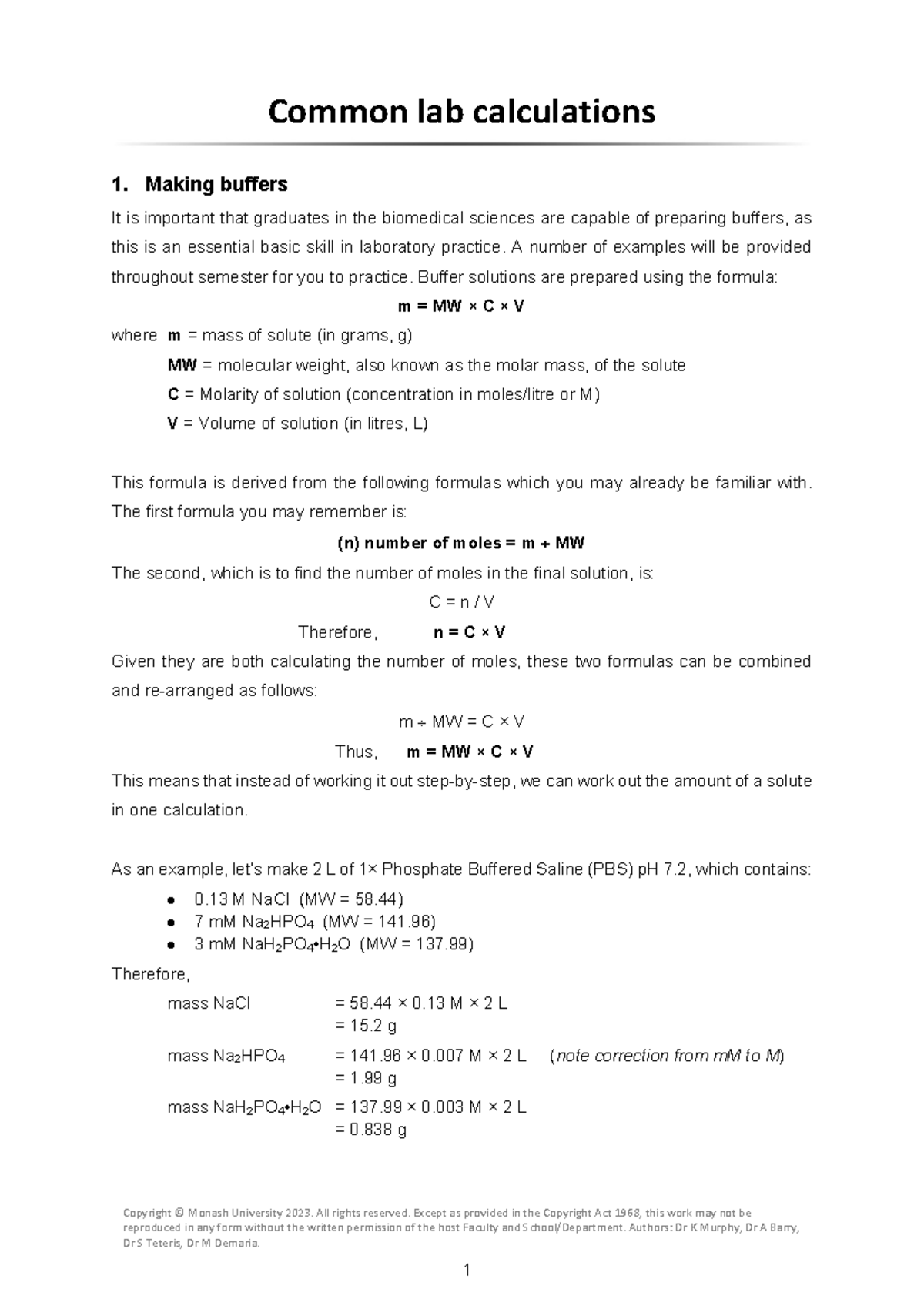 Common lab calculations - Copyright © Monash University 2023. All ...
