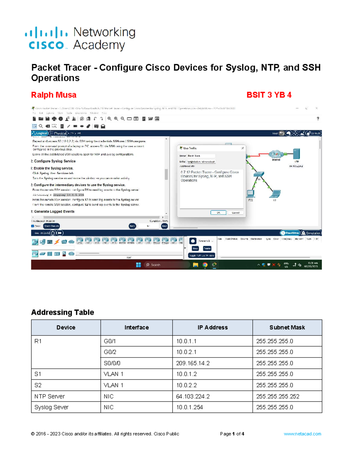 6712 Packet Tracer Configuring Cisco Devices For Syslog Ntp And Ssh