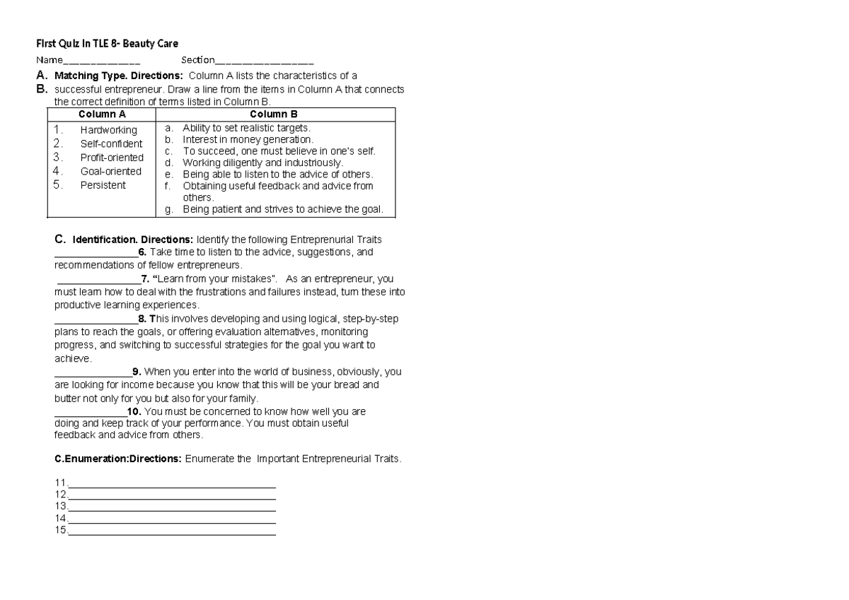 Quiz 1: Entrepreneurial Traits in TLE 8 - Commercial Cooking - Studocu