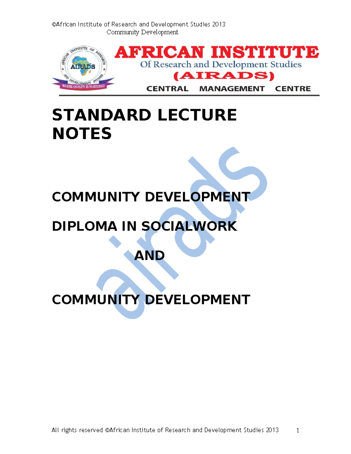 CSW 101: Standard Lecture Notes on Community Development - Studocu