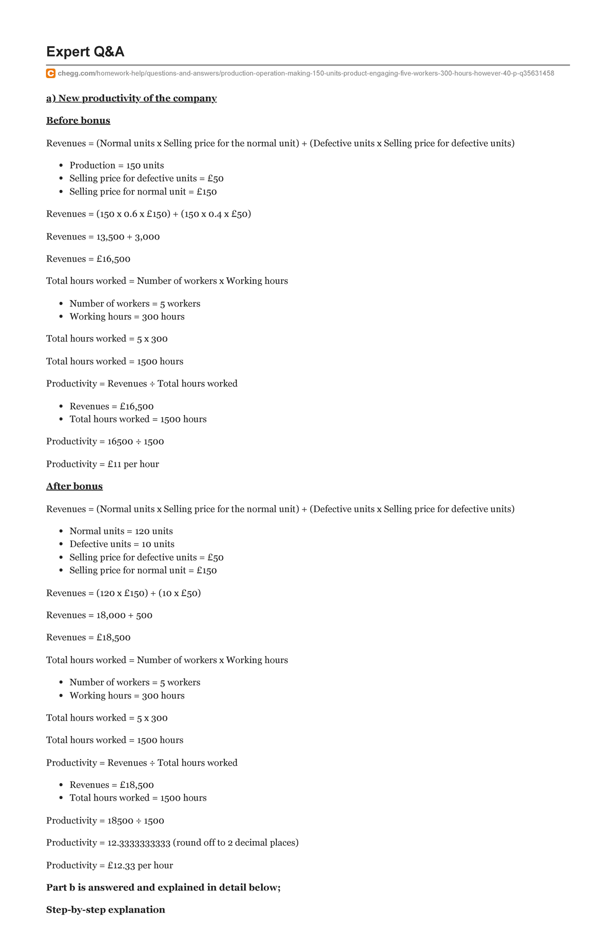 A production operation is making 150 units of a pr Chegg com - Expert Q&A chegg - Studocu