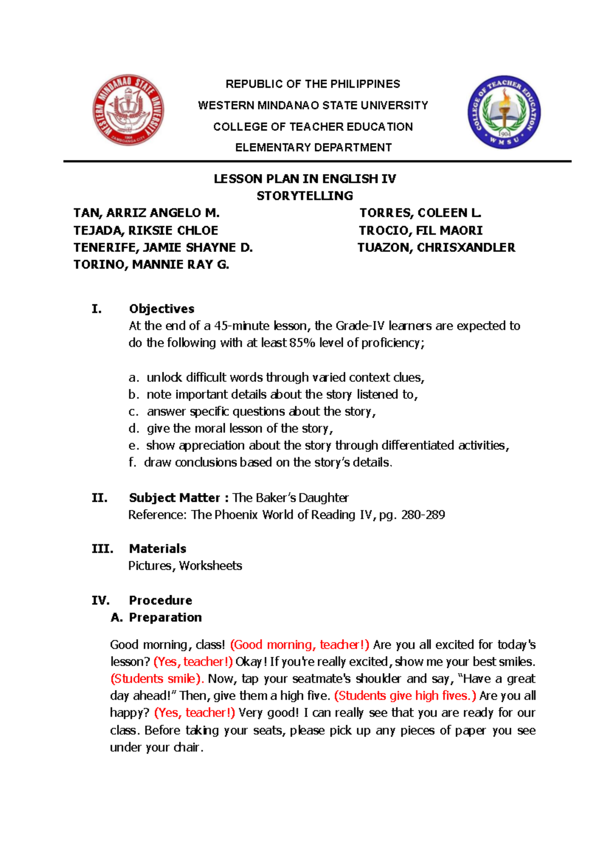 English IV Lesson Plan: Storytelling - The Baker's Daughter - Studocu