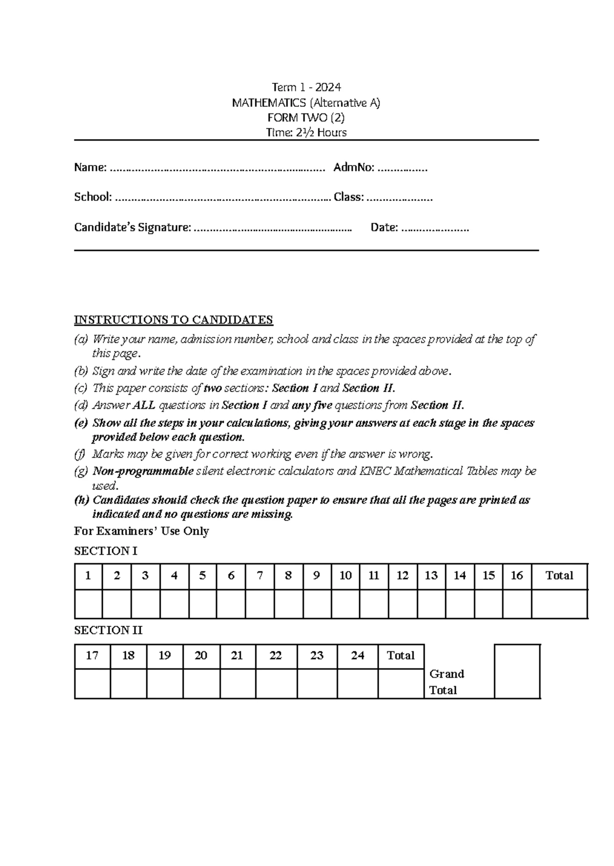 Term 1 - 2024 Form 2 Mathematics Question Paper (Alt A) - Studocu