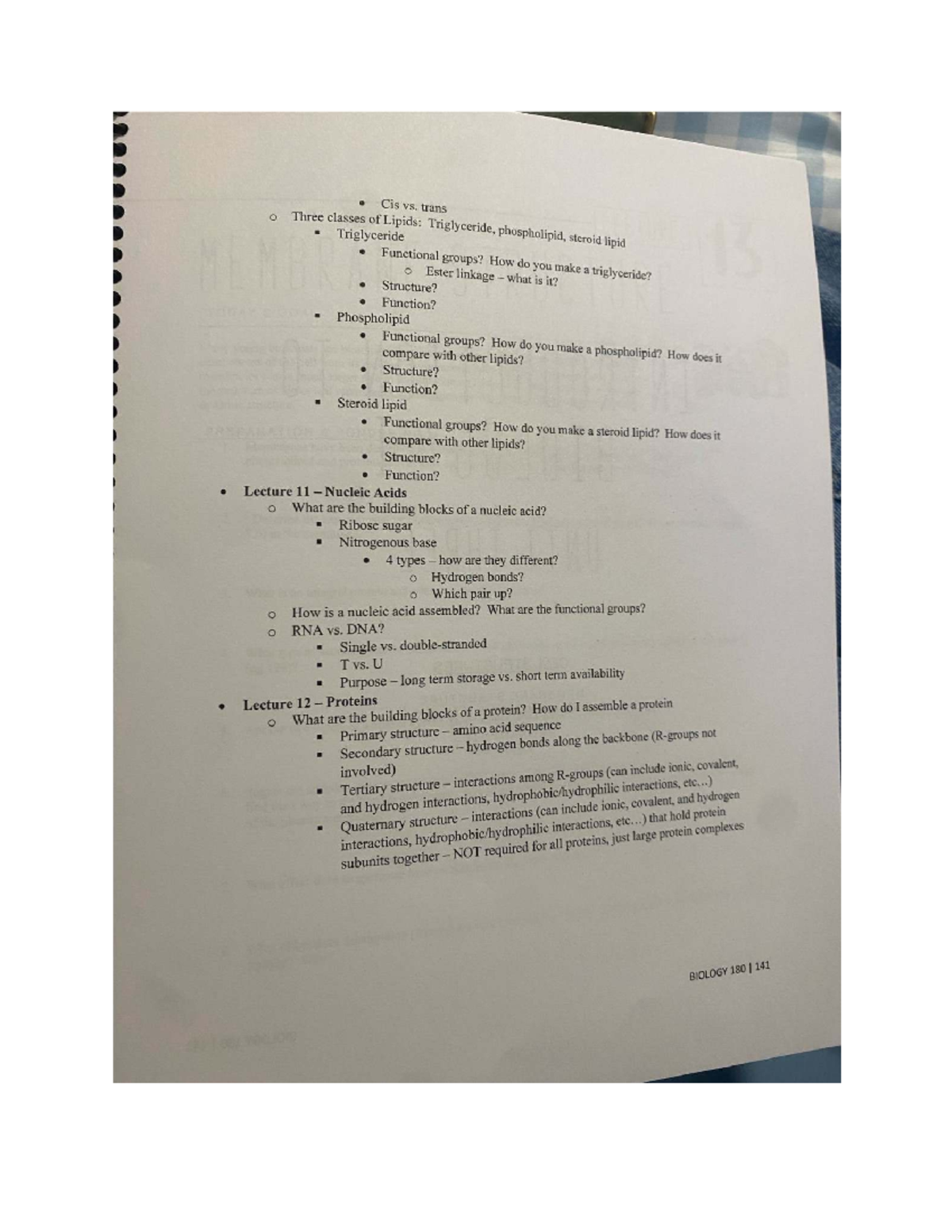 Biology 180: Unit 2 Study Guide on Lipids, Nucleic Acids, and Proteins ...