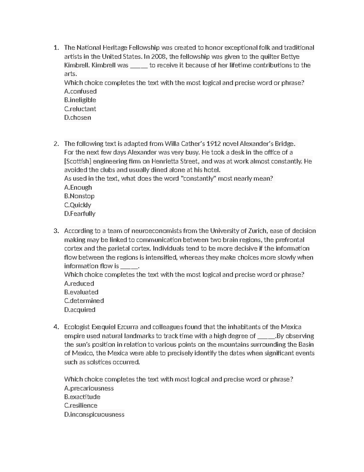 SAT Exam Questions: Reading Comprehension Practice on Key Concepts ...