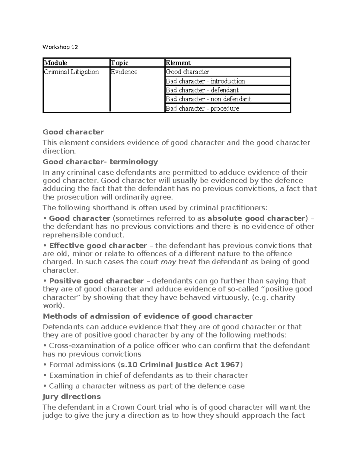 Workshop 12: Criminal Litigation - Evidence of Good and Bad Character ...