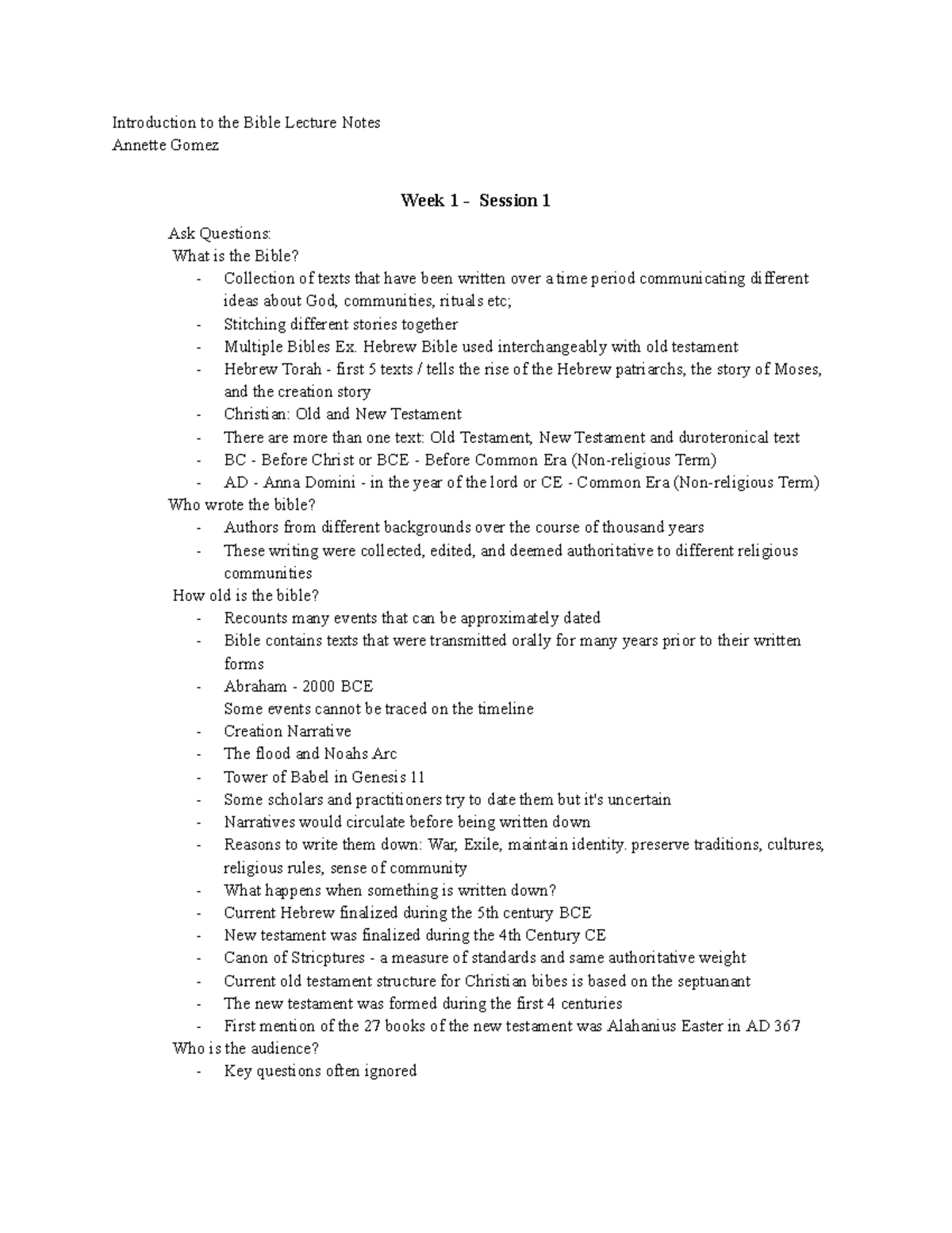 Introduction to the Bible Lecture Notes (Week 1) - Annette Gomez - Studocu