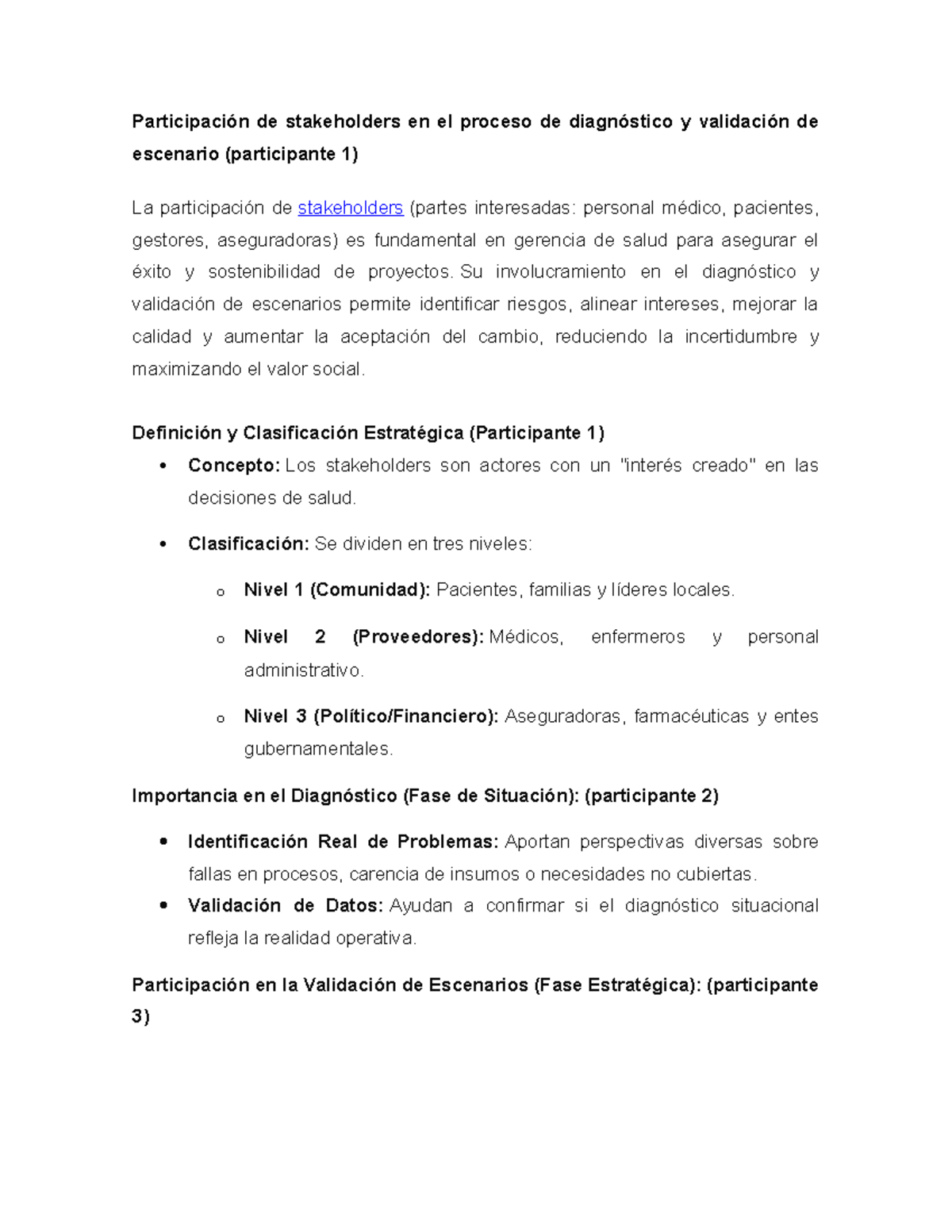 Participación de Stakeholders en Diagnóstico y Validación de Escenarios ...
