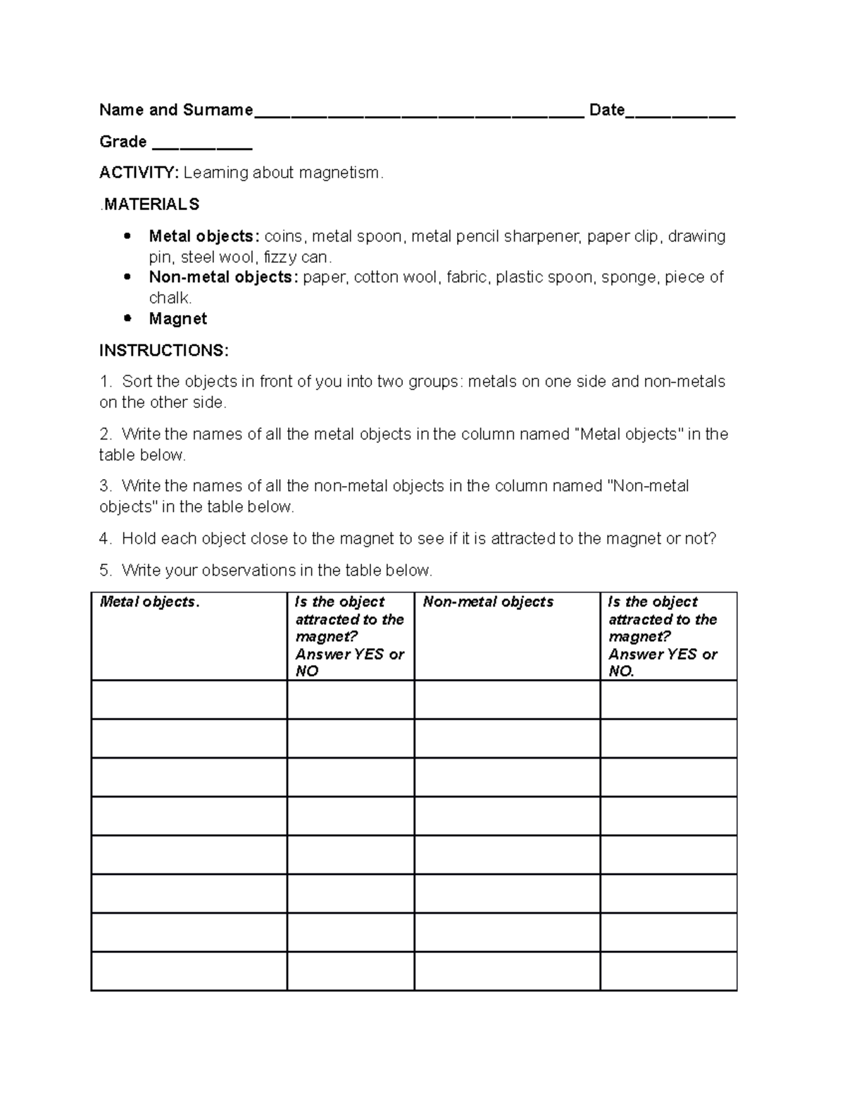 Grade 5 Magnetism Practical Activity Notes NS - Studocu