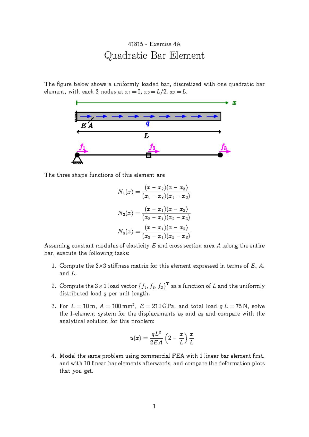 41815 Exercise 4A: Quadratic Bar Element Analysis and FEA Comparison ...