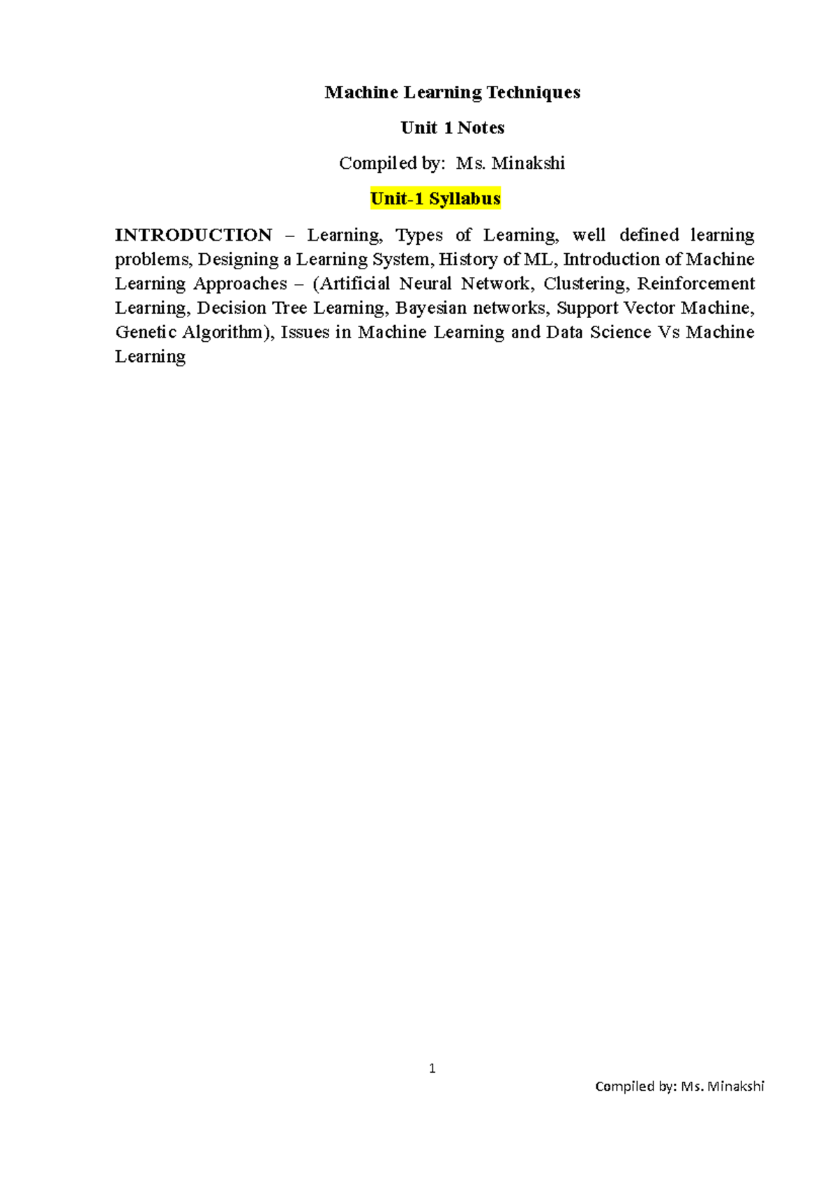 Machine Learning Techniques Unit 1 Lecture Notes: Overview and Concepts ...