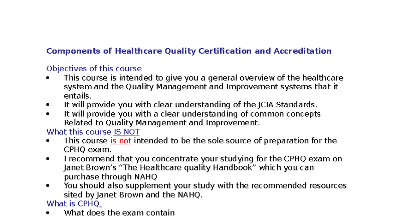 Components of Healthcare Quality: CPHQ Certification Overview - Studocu