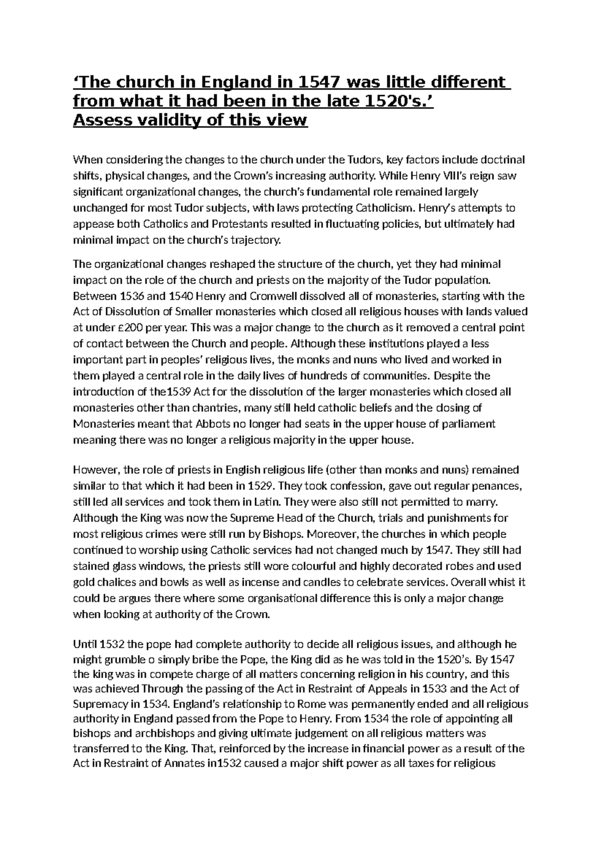 Tudors past paper questions - ‘Henry VII had successfully established ...