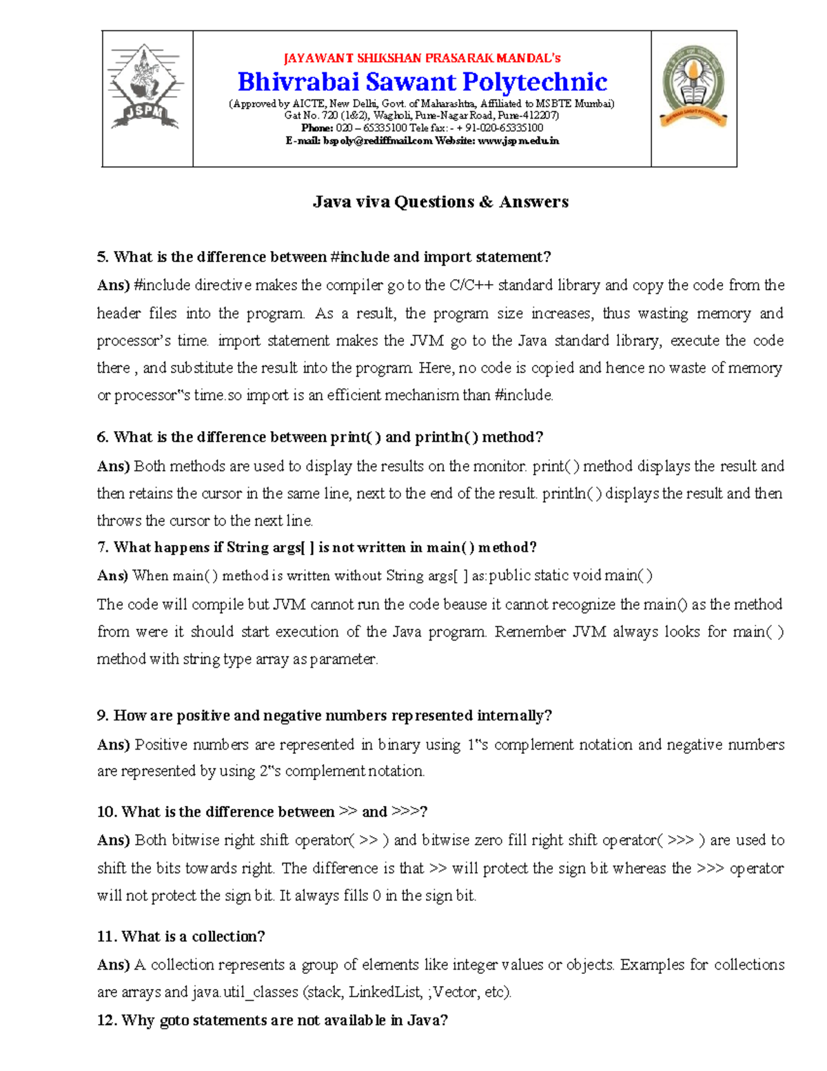 Java Viva Questions and Answers - Notes (Course Code: JSPM-BSP) - Studocu
