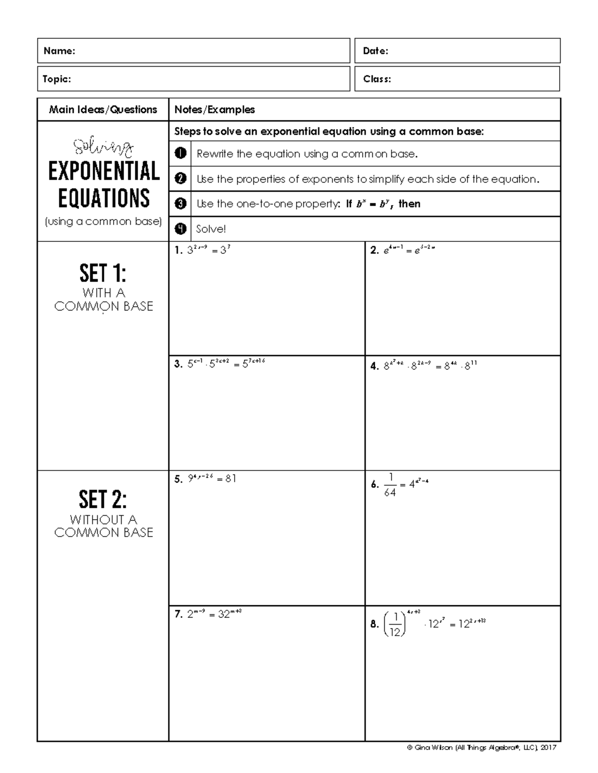 4-7 Exp equations (like bases) - Main Ideas/Questions Notes/Examples ...