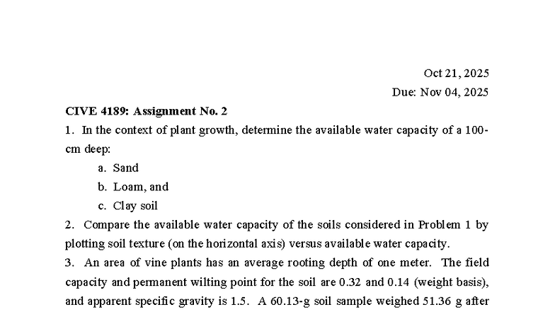CIVE 4189: Assignment No. 2 - Soil Water Capacity Analysis - Studocu