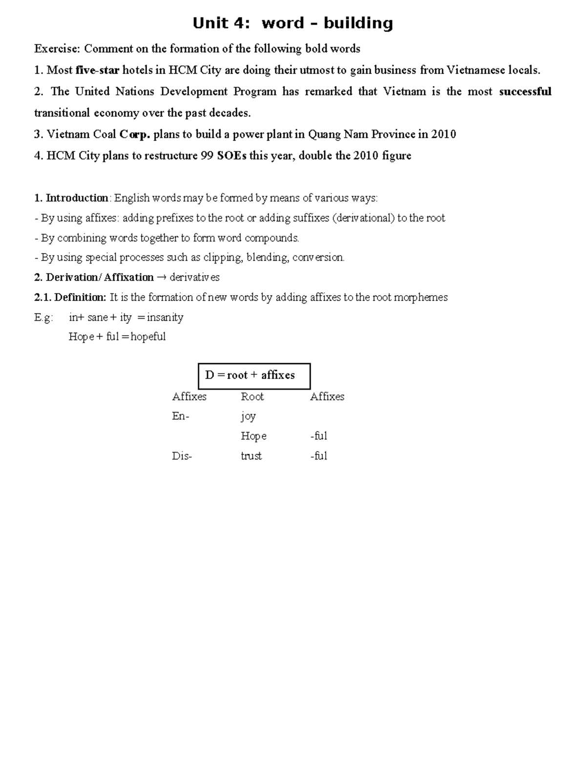 Unit 4: Word Building Exercise - Formation of Bold Words - Studocu