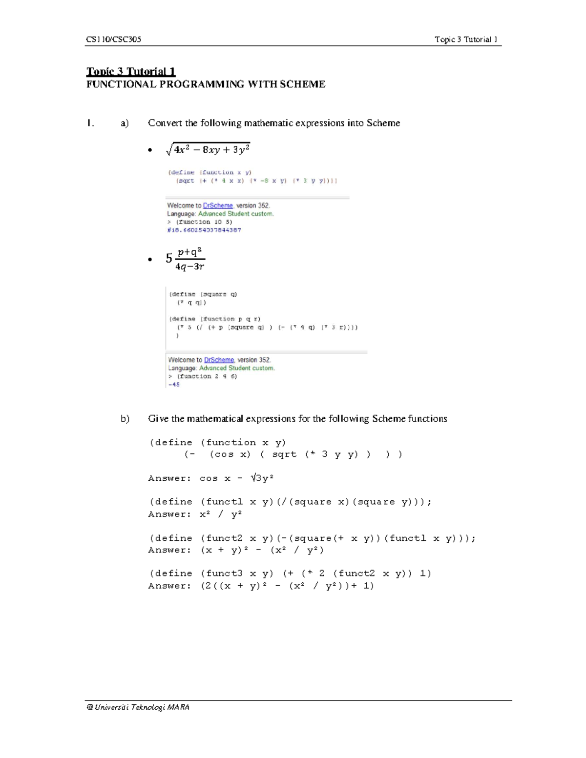 CSC305 - Topic 3 Tutorial 1: Functional Programming with Scheme - Studocu