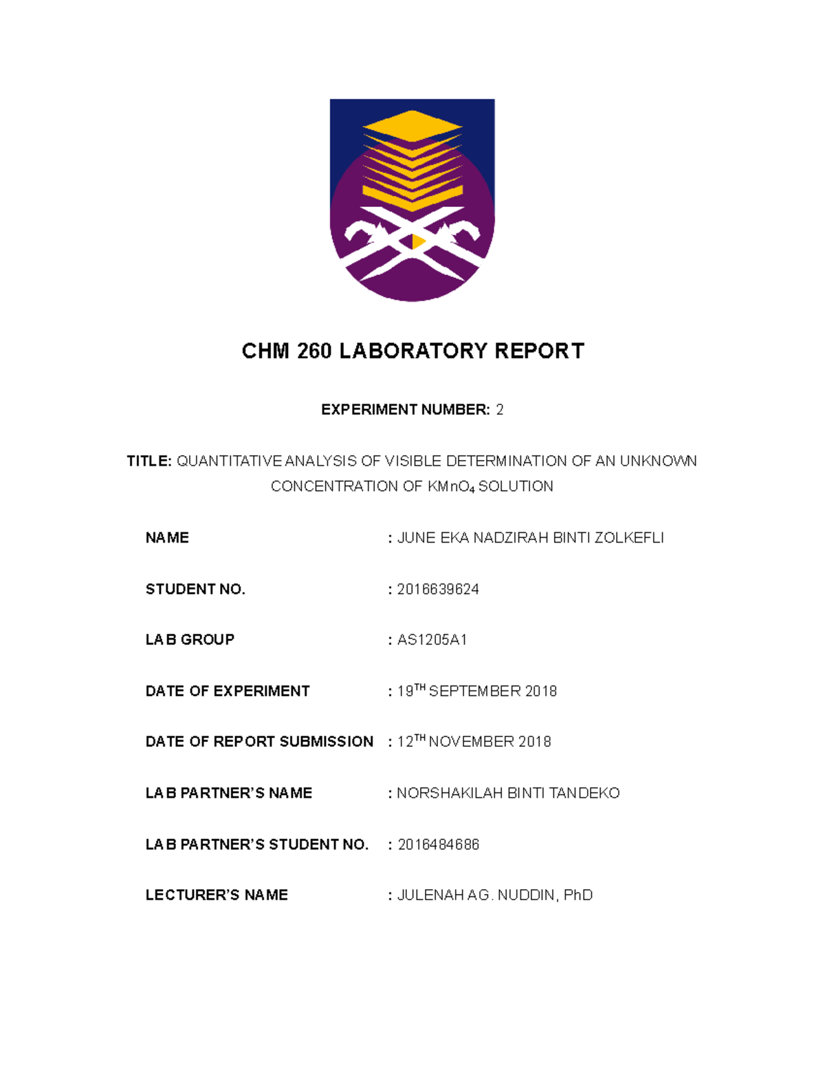 CHM 260 LAB 2 - Quantitative Analysis of KMnO4 Solution Report - Studocu