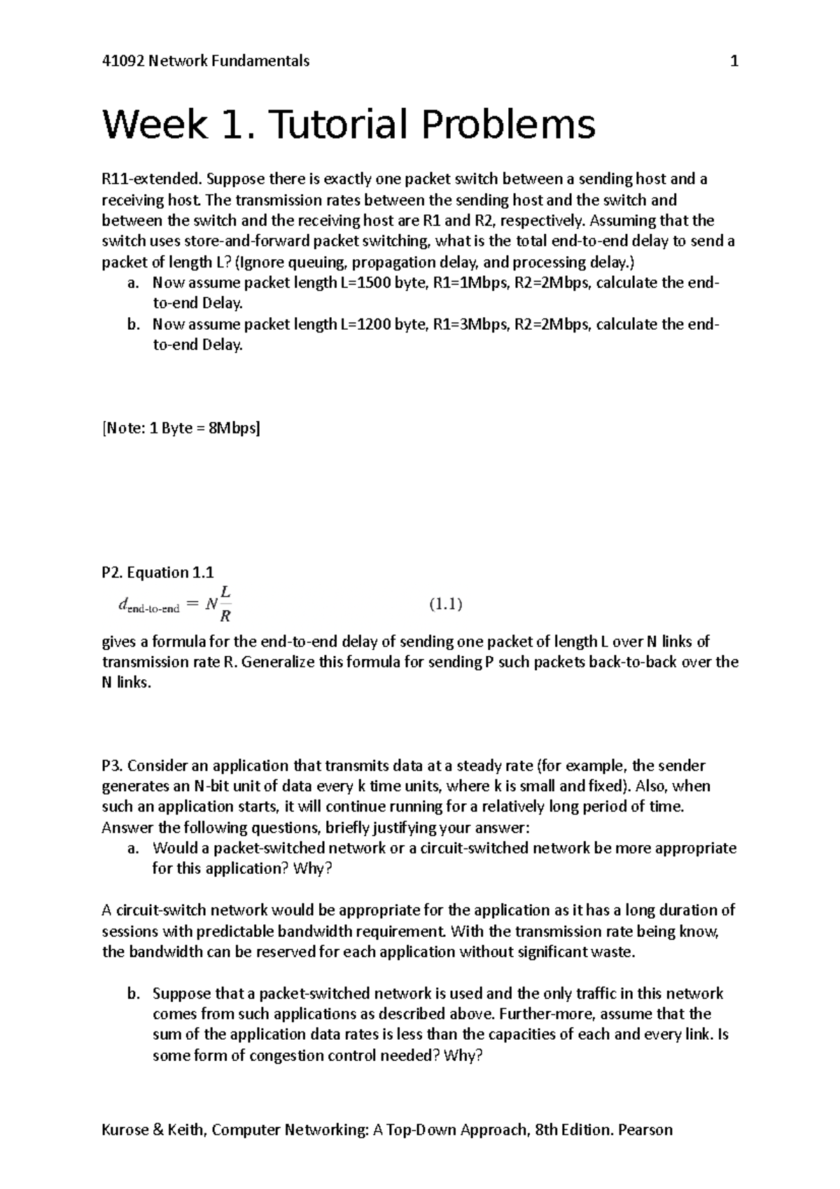 41092 Network Fundamentals - Week 1 Tutorial Problems and Solutions - Studocu