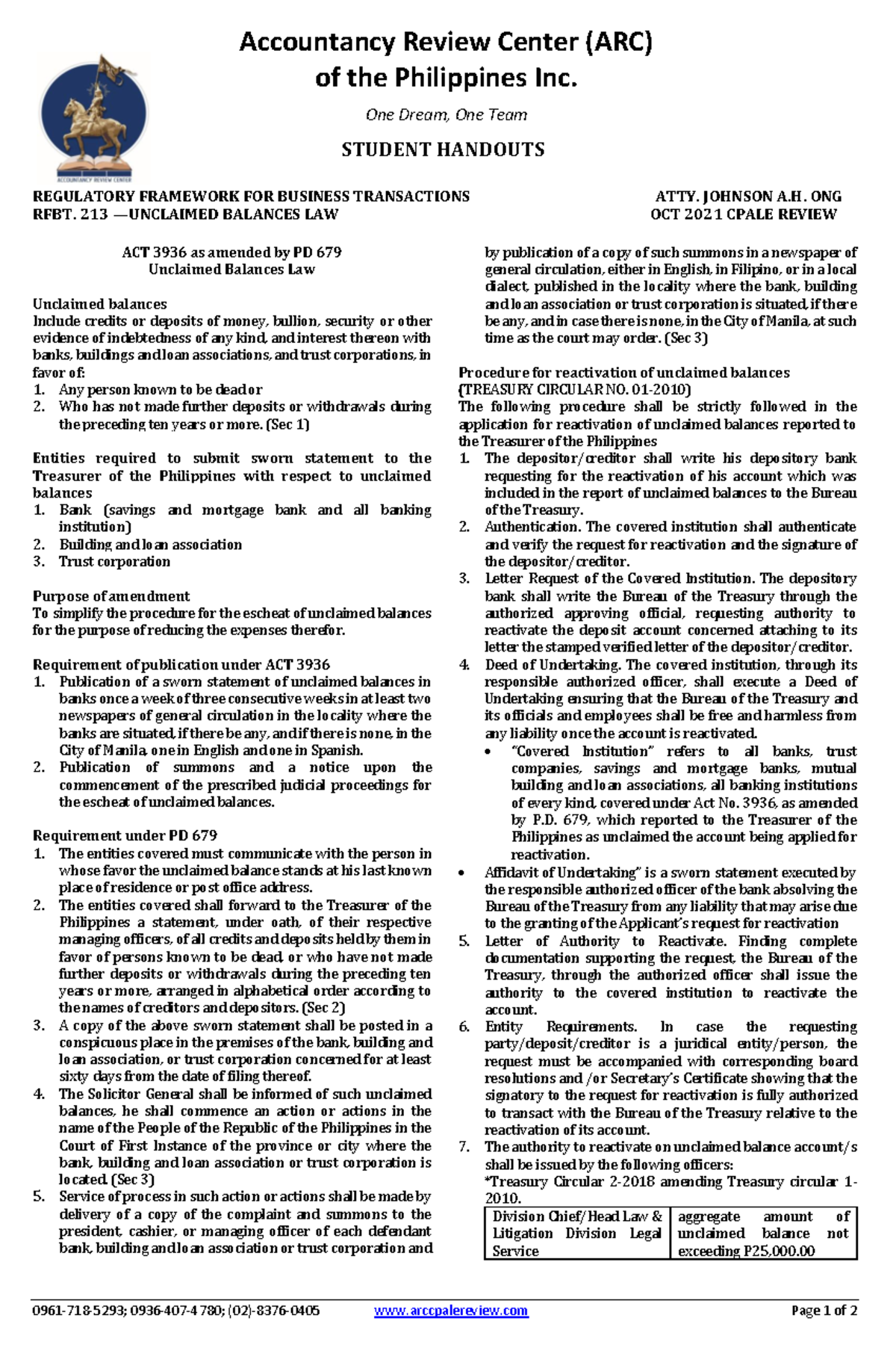 RFBT 213 Unclaimed Balances Law - CPALE Review Notes (Oct 2021) - Studocu