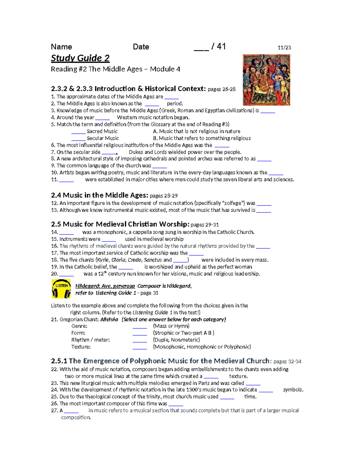 Middle Ages Study Guide 2: Historical Context & Music Insights - Studocu