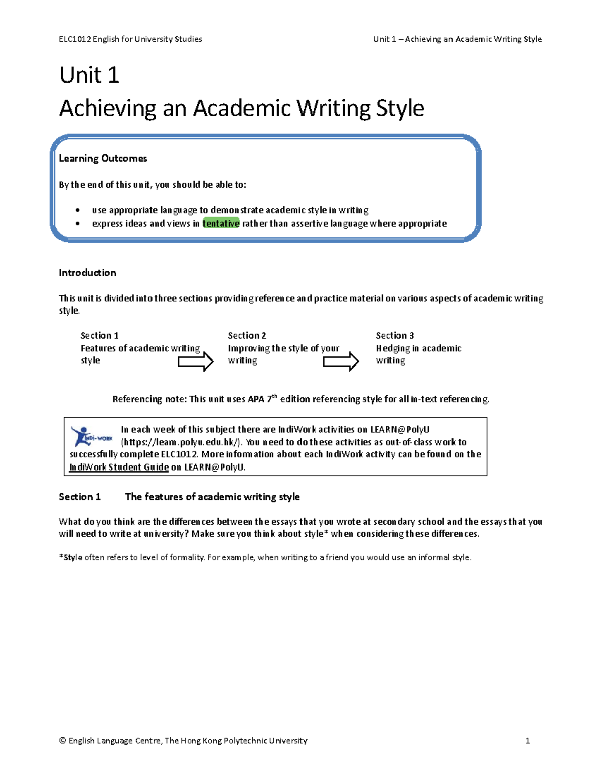 ELC1012 Unit 1: Mastering Academic Writing Techniques and Style - Studocu