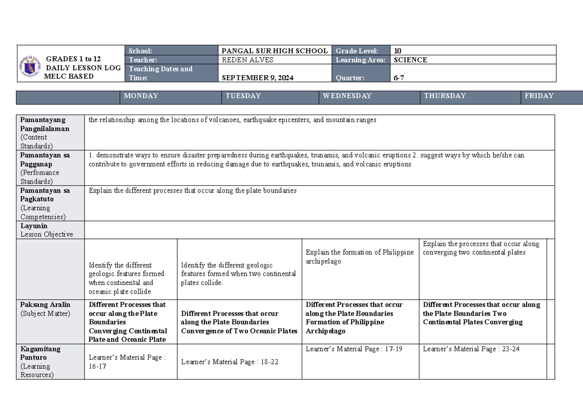 MELC-Based Daily Lesson Log for SCI 10: Geologic Features & Plate ...