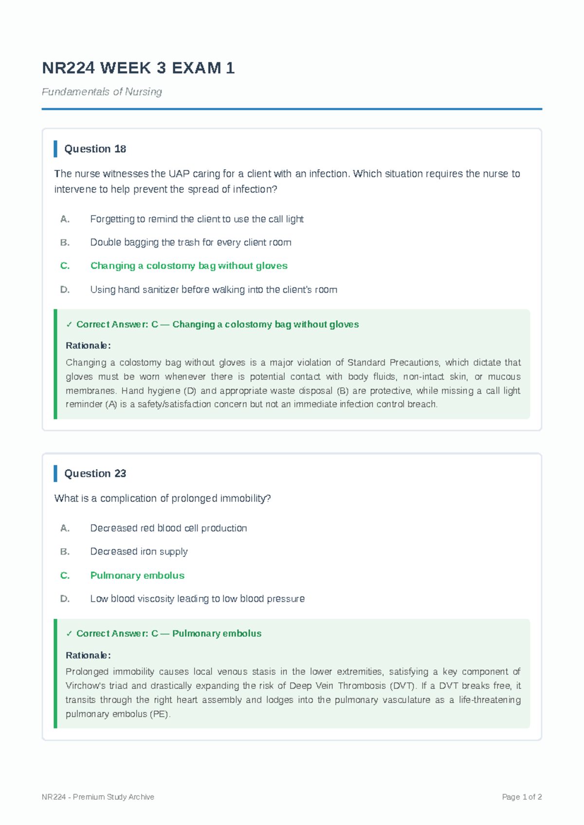 NR224 Wk 3 Exam 1: Infection Control & Immobility Complications - Studocu
