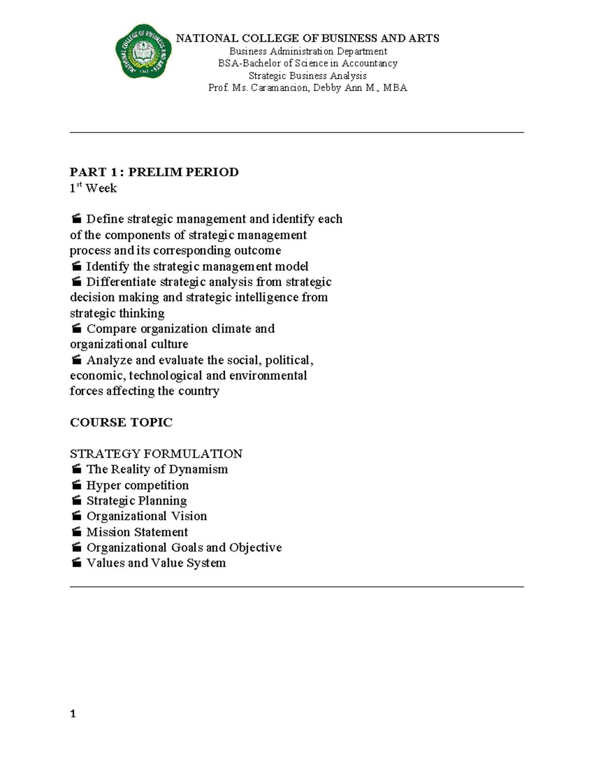 Strategic Business Analysis Notes for BA 101: Prelim Period - Studocu