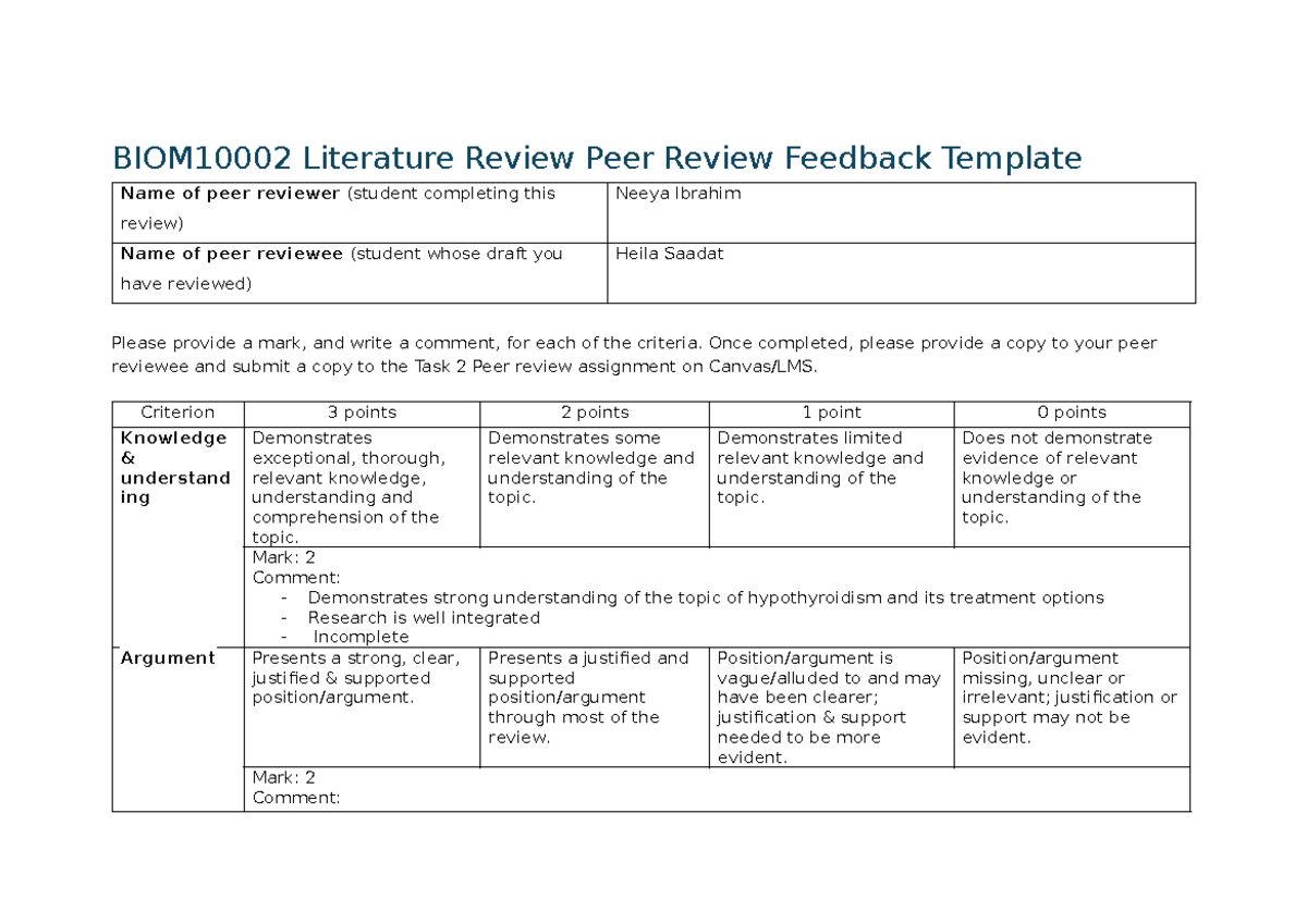 BIOM10002 Peer Review Feedback Template for Literature Review - Studocu