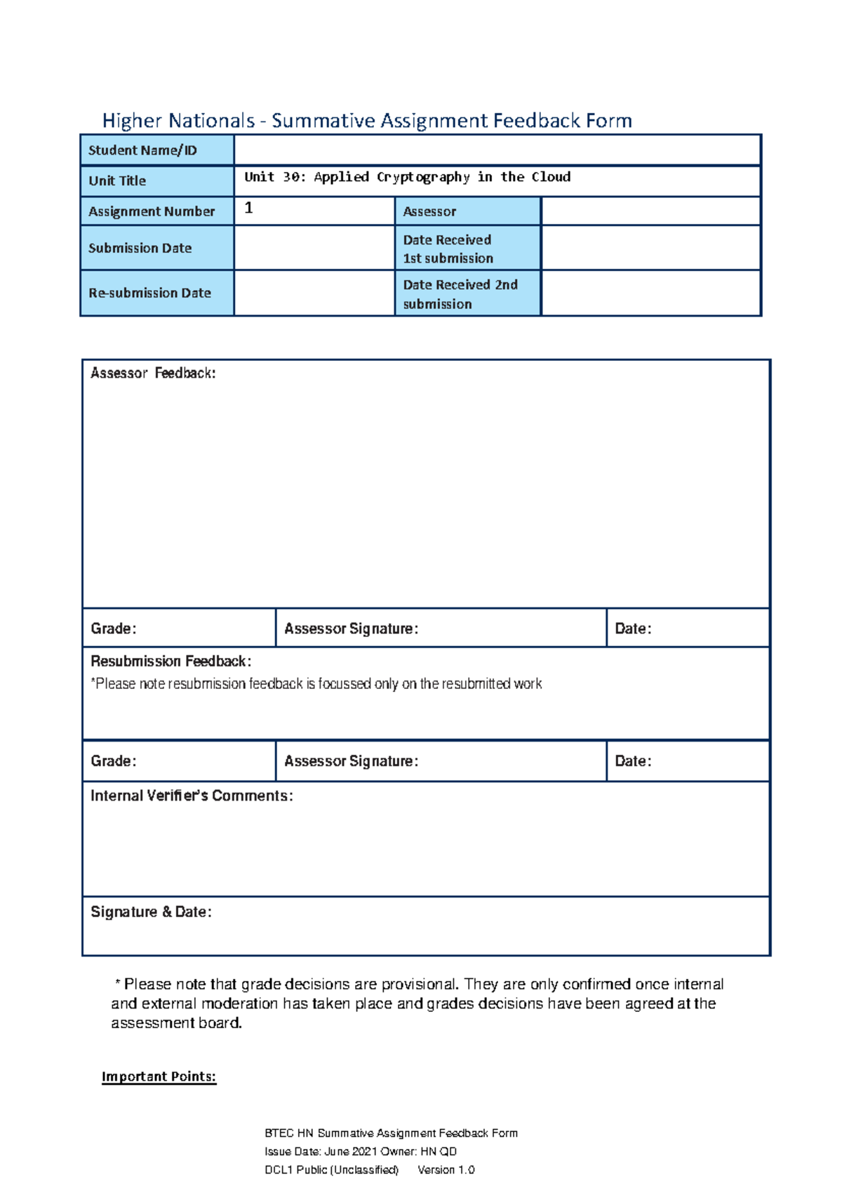 Unit 30: Applied Cryptography in the Cloud - Summative Assignment Feedback Form - Studocu