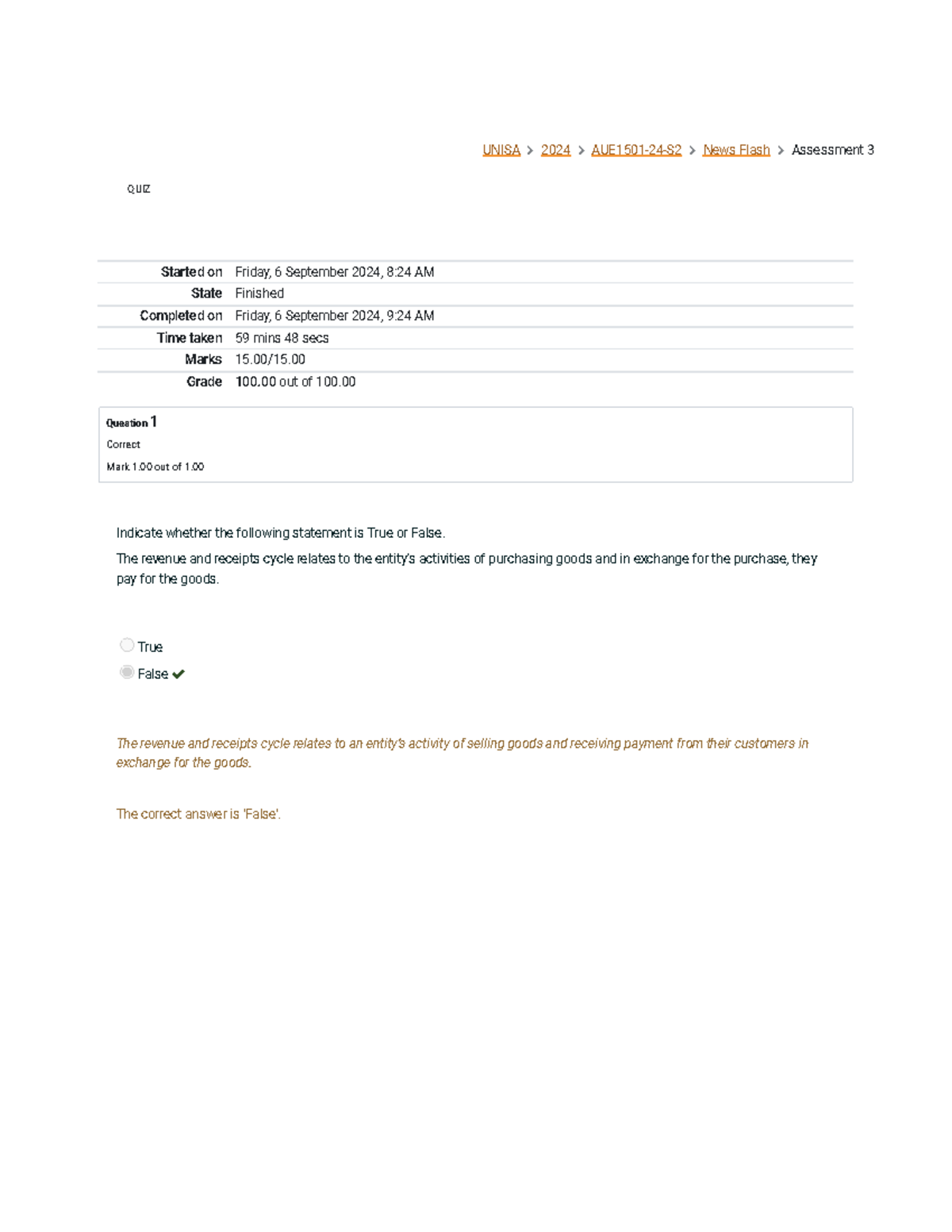 UNISA 2024 Assessment 3 Quiz Review on Revenue & Receipts Cycle - Studocu