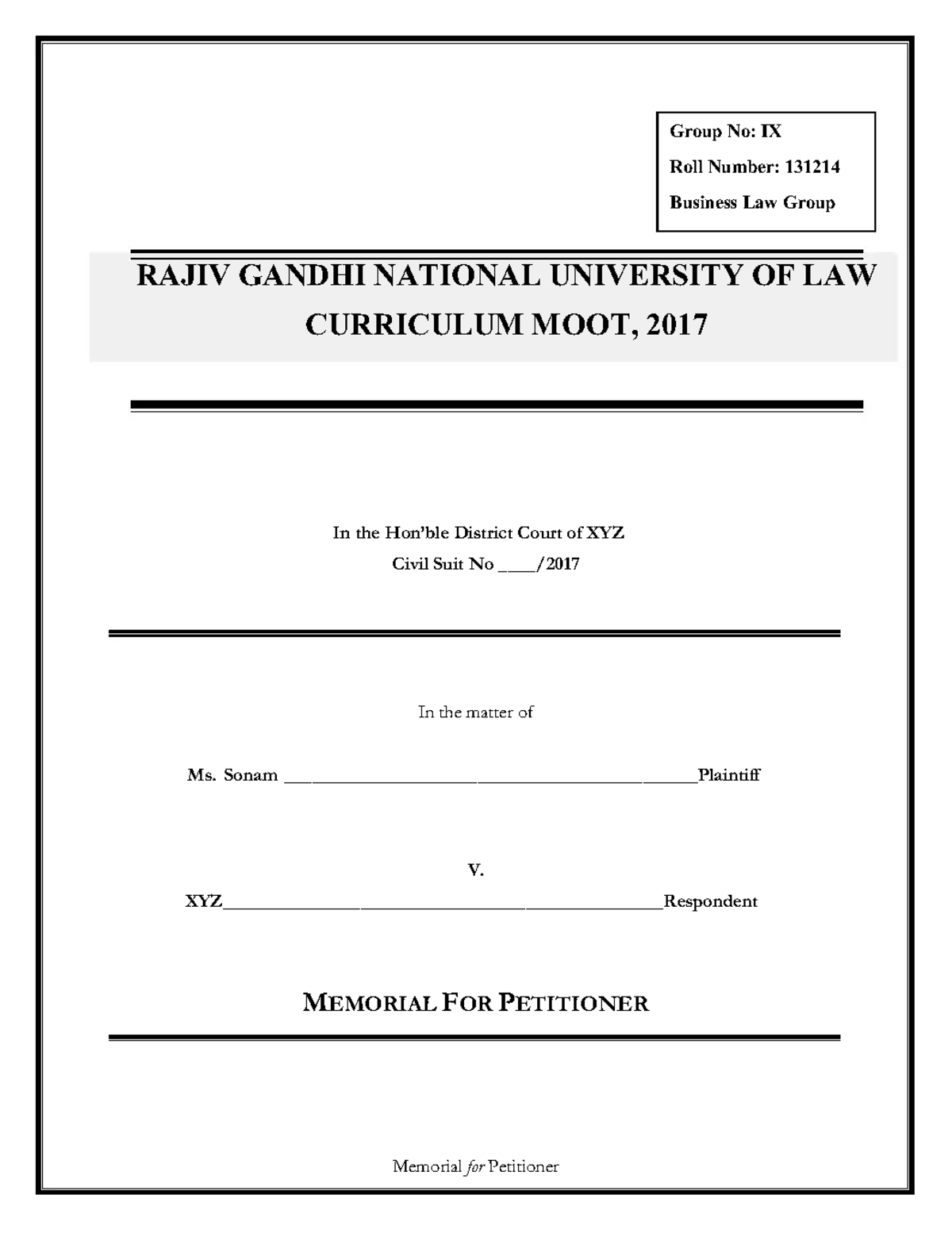 Memorial for Petitioner in Business Law Moot Court (Group IX) - Studocu