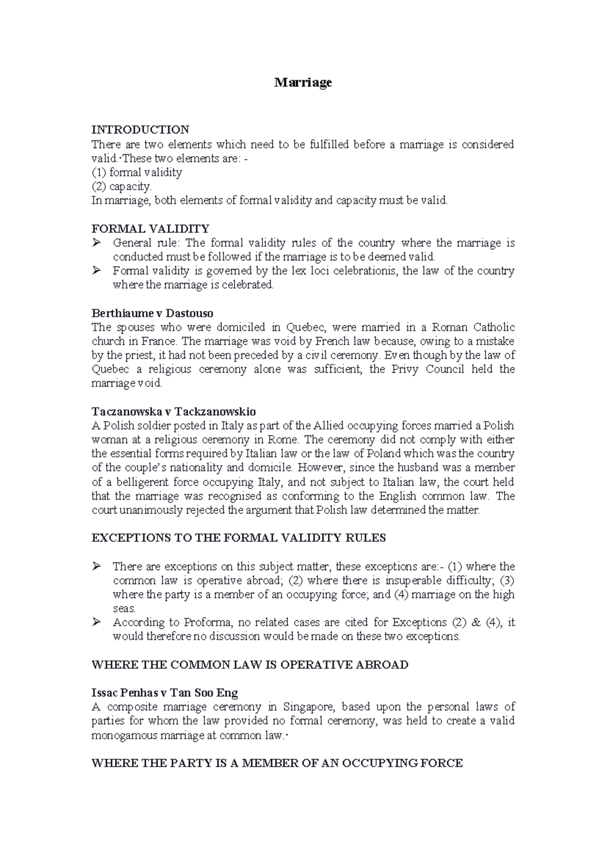 Marriage: Formal Validity and Capacity Analysis in Law - Studocu