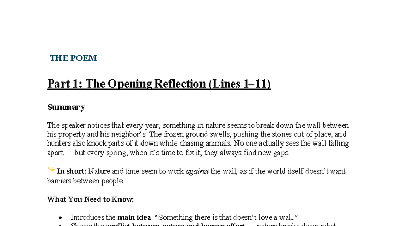THE POEM (A Mending Wall) Analysis and Summary - Studocu
