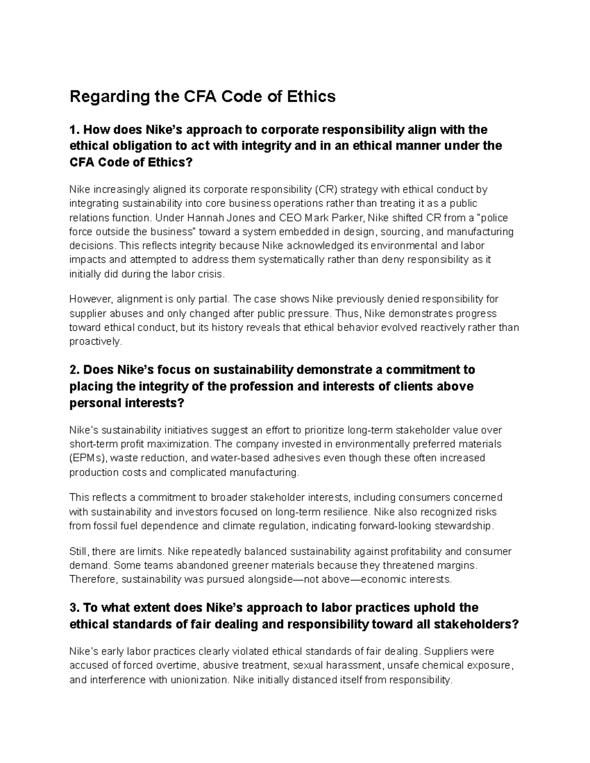 CFA Case Study: Nike's Ethical Practices and Sustainability Efforts ...