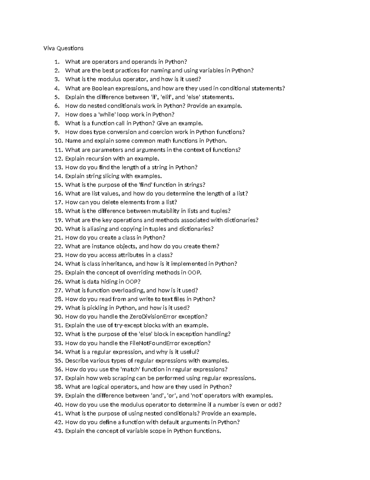 Python Programming Viva Questions: Key Concepts & Practices - Studocu