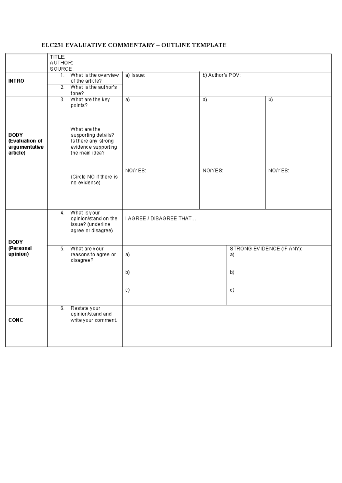 ELC231 Evaluative Commentary Outline Template for Critical Writing ...