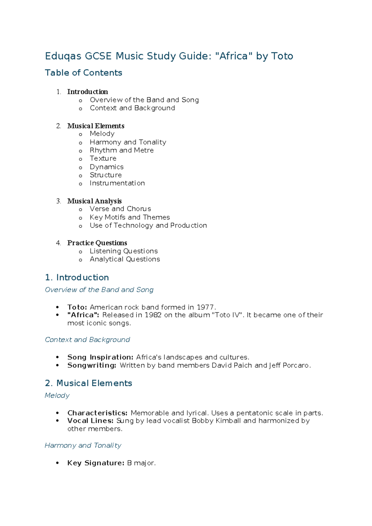 Eduqas GCSE Music Study Guide: Analyzing "Africa" by Toto - Studocu