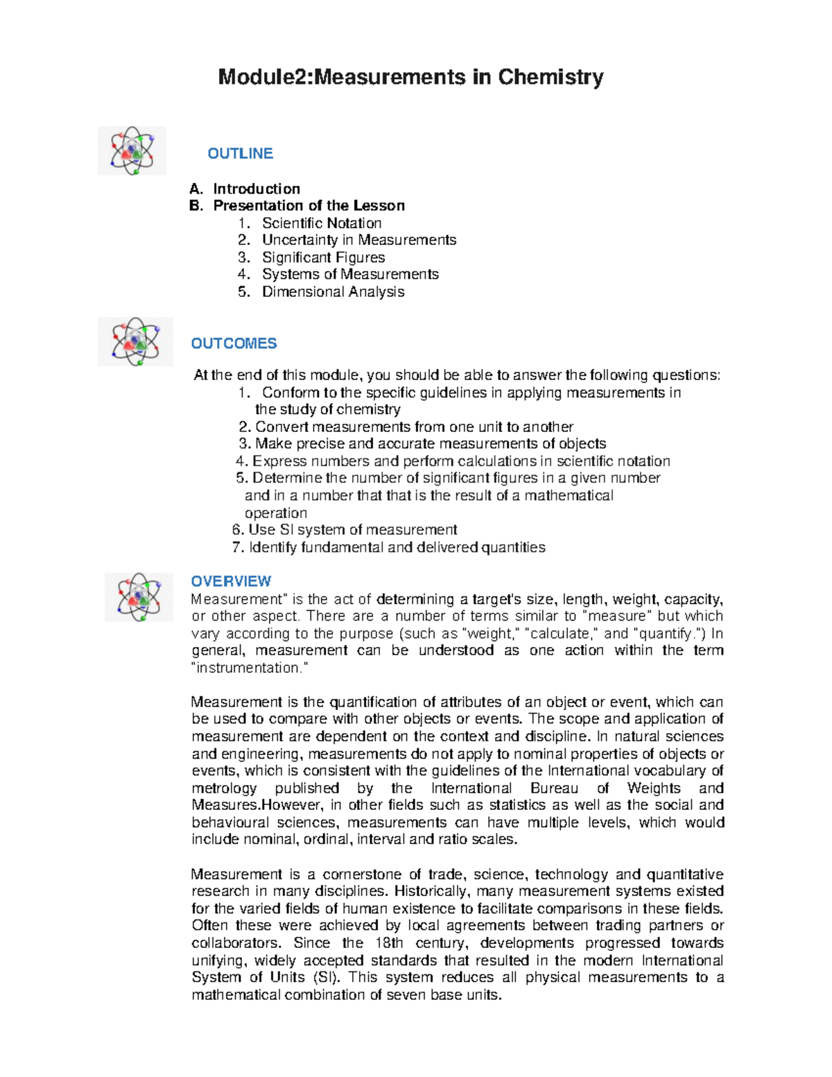Module 2 Measurements in Chemistry - OUTCOMES OVERVIEW At the end of ...