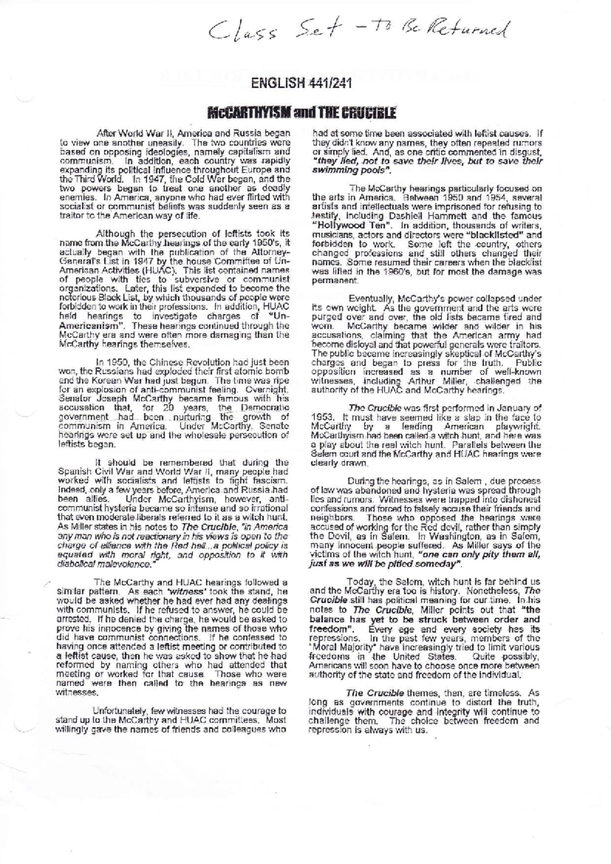 McCarthyism and The Crucible: A Study of Hysteria and Repression - Studocu