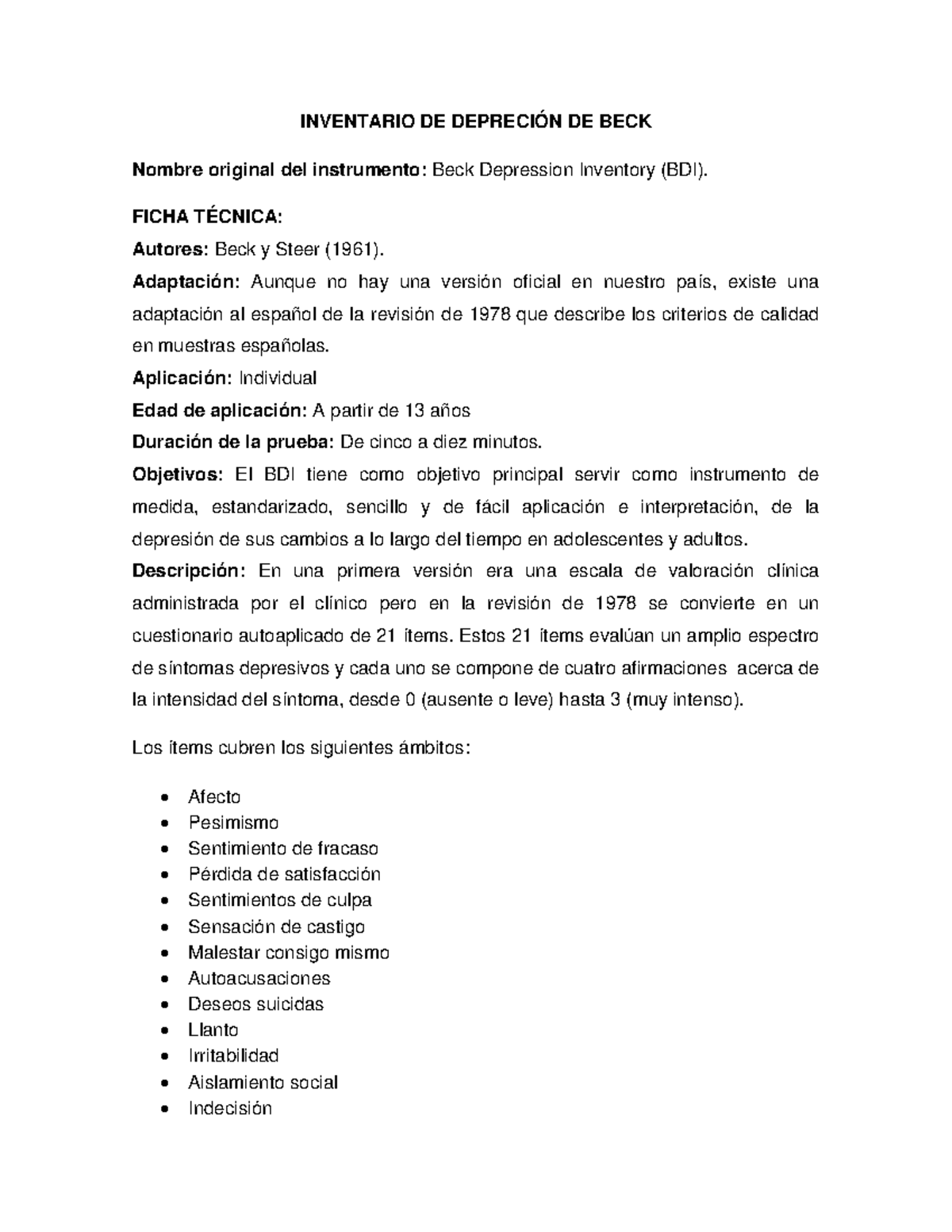 Inventario de Depresión de Beck (BDI) - Ficha Técnica y Aplicación ...