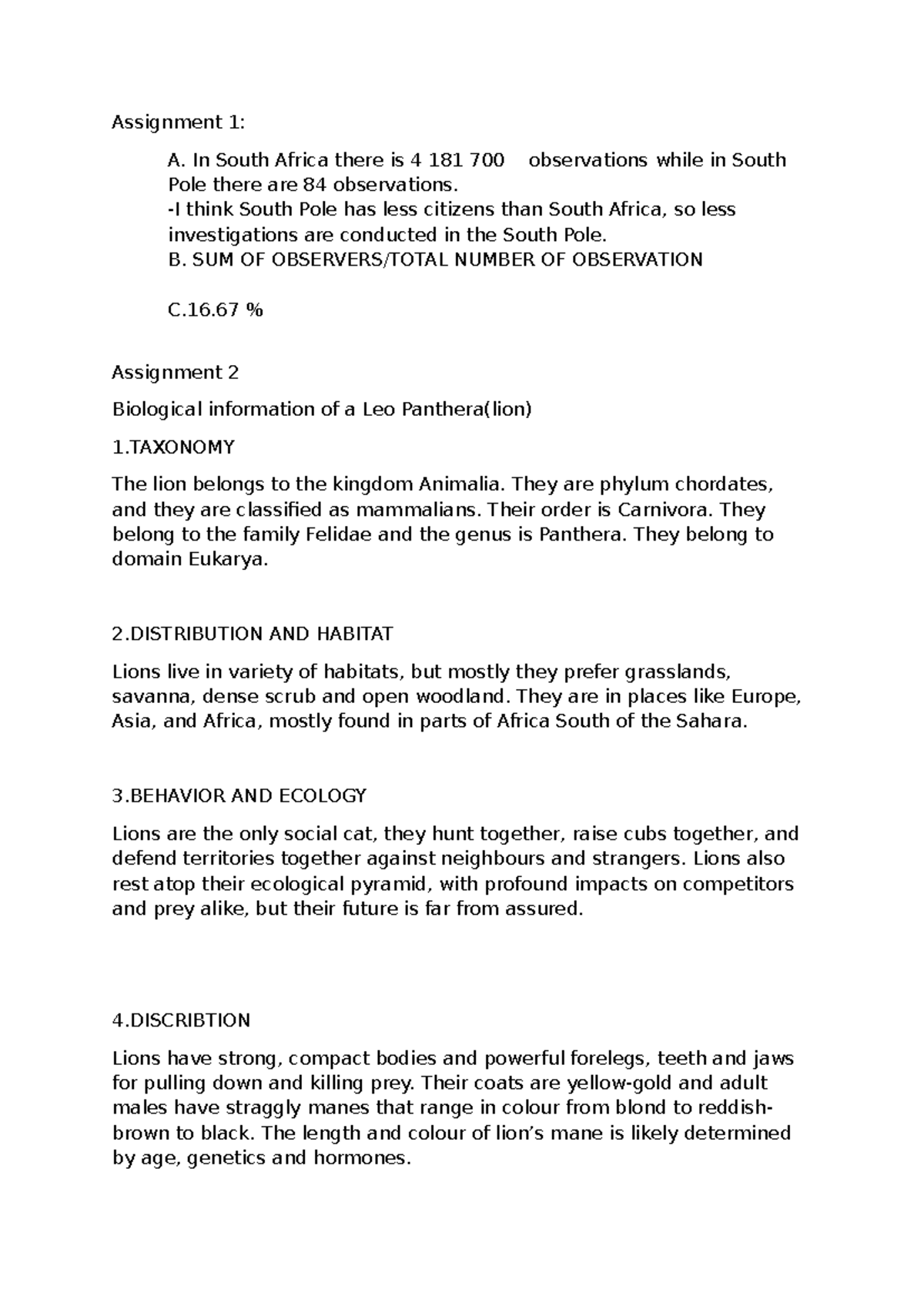 Biology 102: Assignment 1 & 2 - Observations & Lion Taxonomy - Studocu