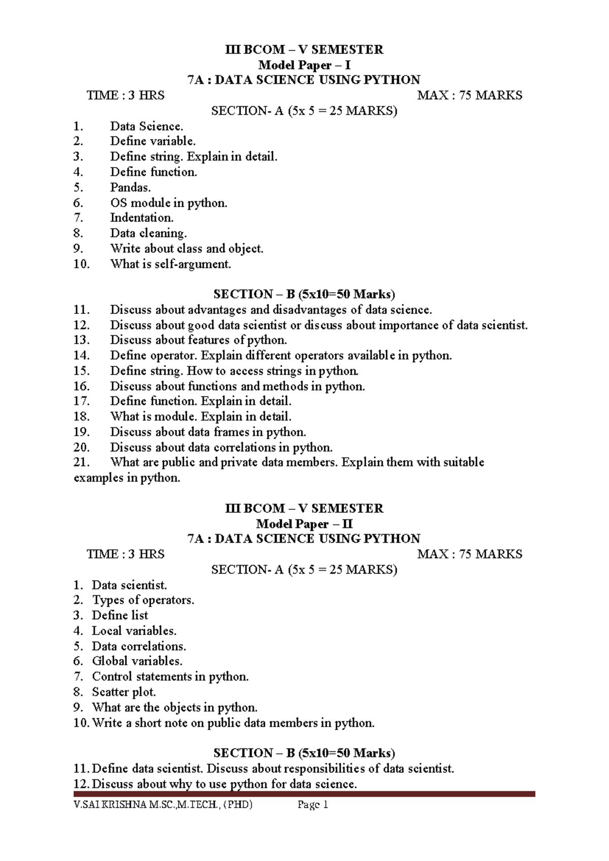 BCOM V SEMESTER Model Paper I & II: Data Science Using Python - Studocu