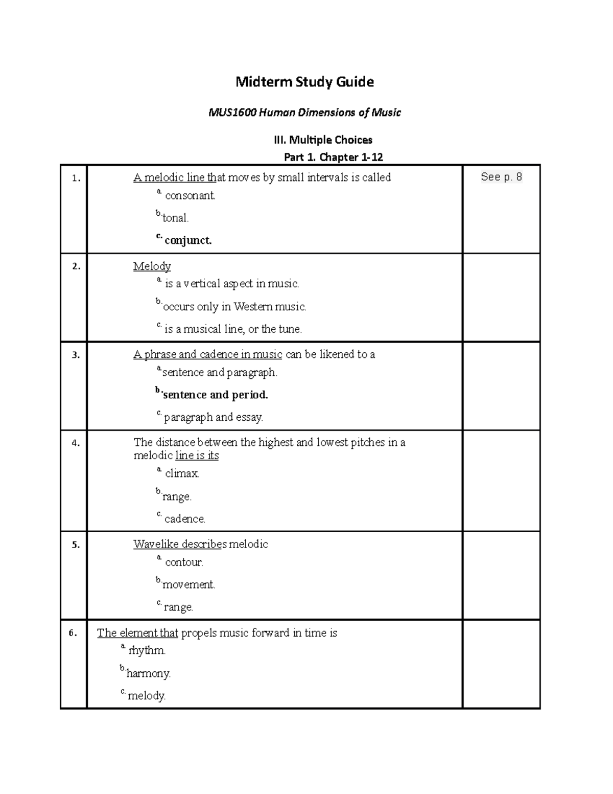 Part I- multiple choice - Midterm Study Guide MUS1600 Human Dimensions ...