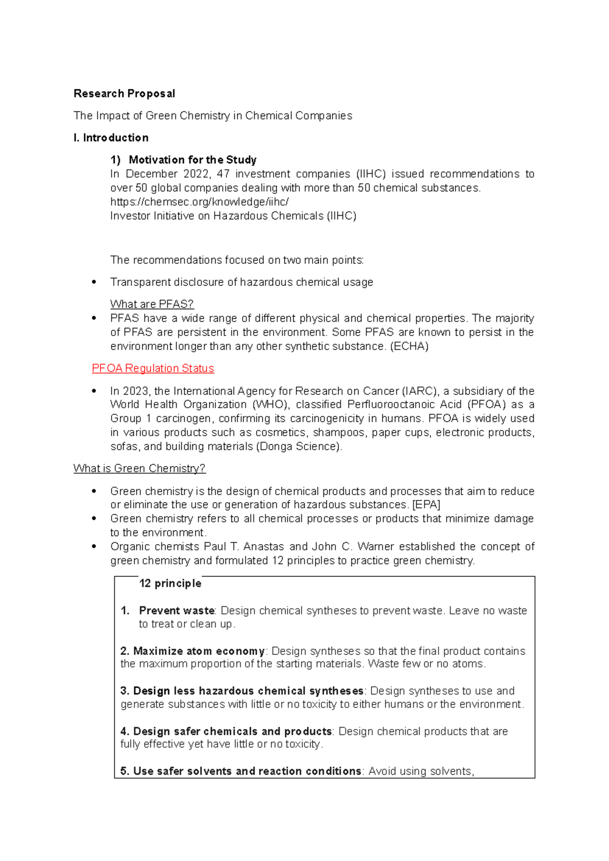 Research Proposal: Impact of Green Chemistry on Chemical Companies ...