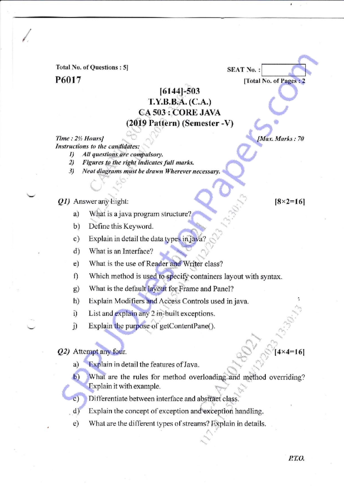 GA 503: Core Java Exam Paper - T.Y.B.BA.(C.A.) Semester 5 - Studocu