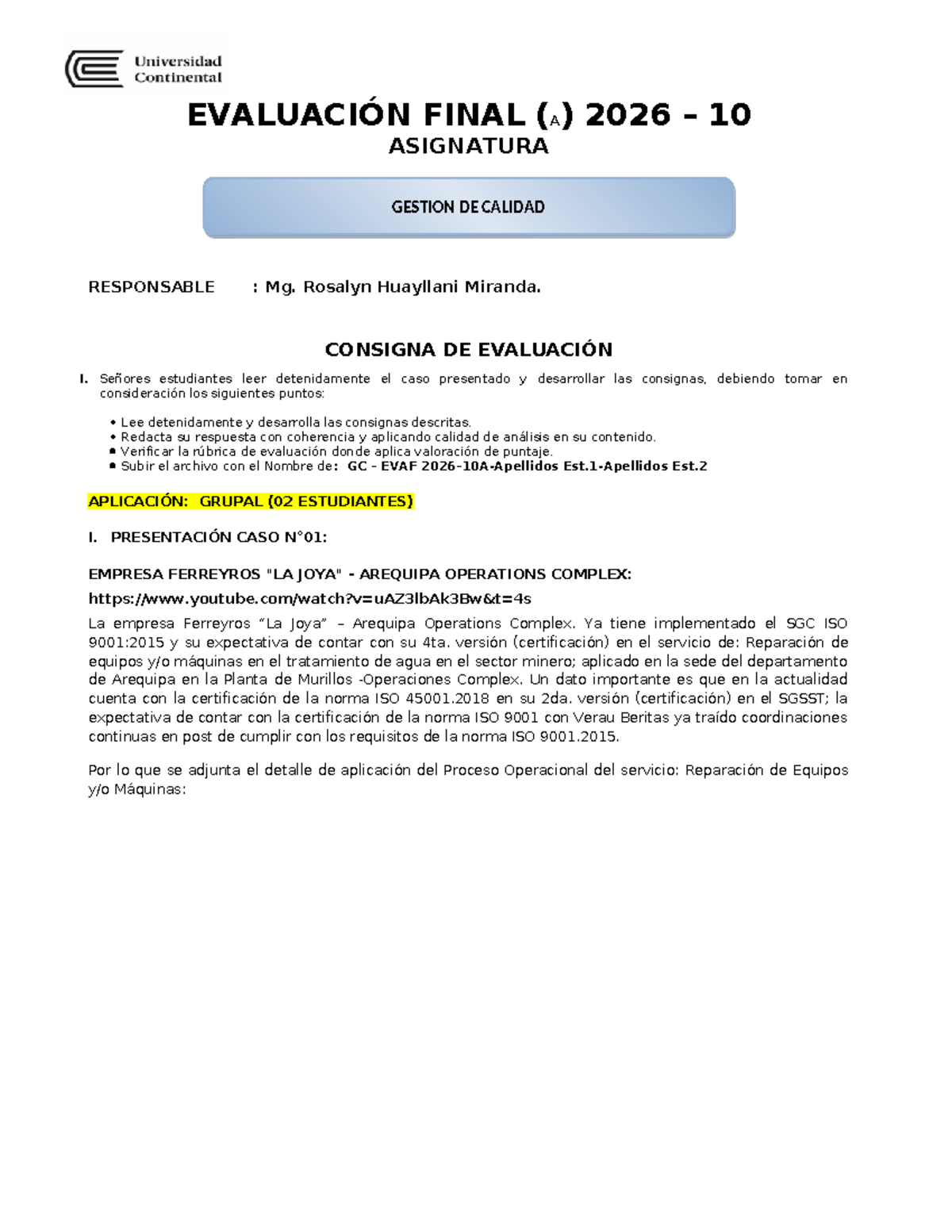 EV FINAL (A) 2026 - GESTIÓN DE CALIDAD: ANÁLISIS Y RECOMENDACIONES ...