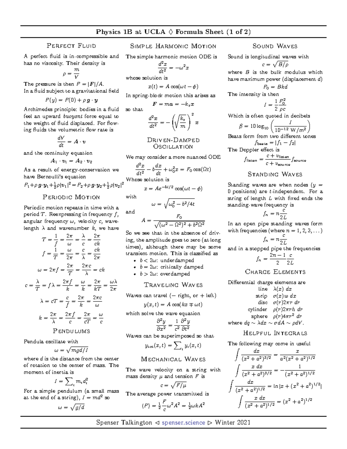 1B-Formula-Sheet - Formula sheet - Physics 1B at UCLA ♦ Formula Sheet ...